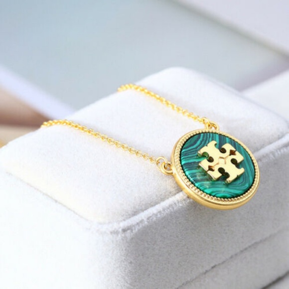 Tory Burch | Jewelry | Tory Burch Green Malachite Logo Pendant Necklace ...